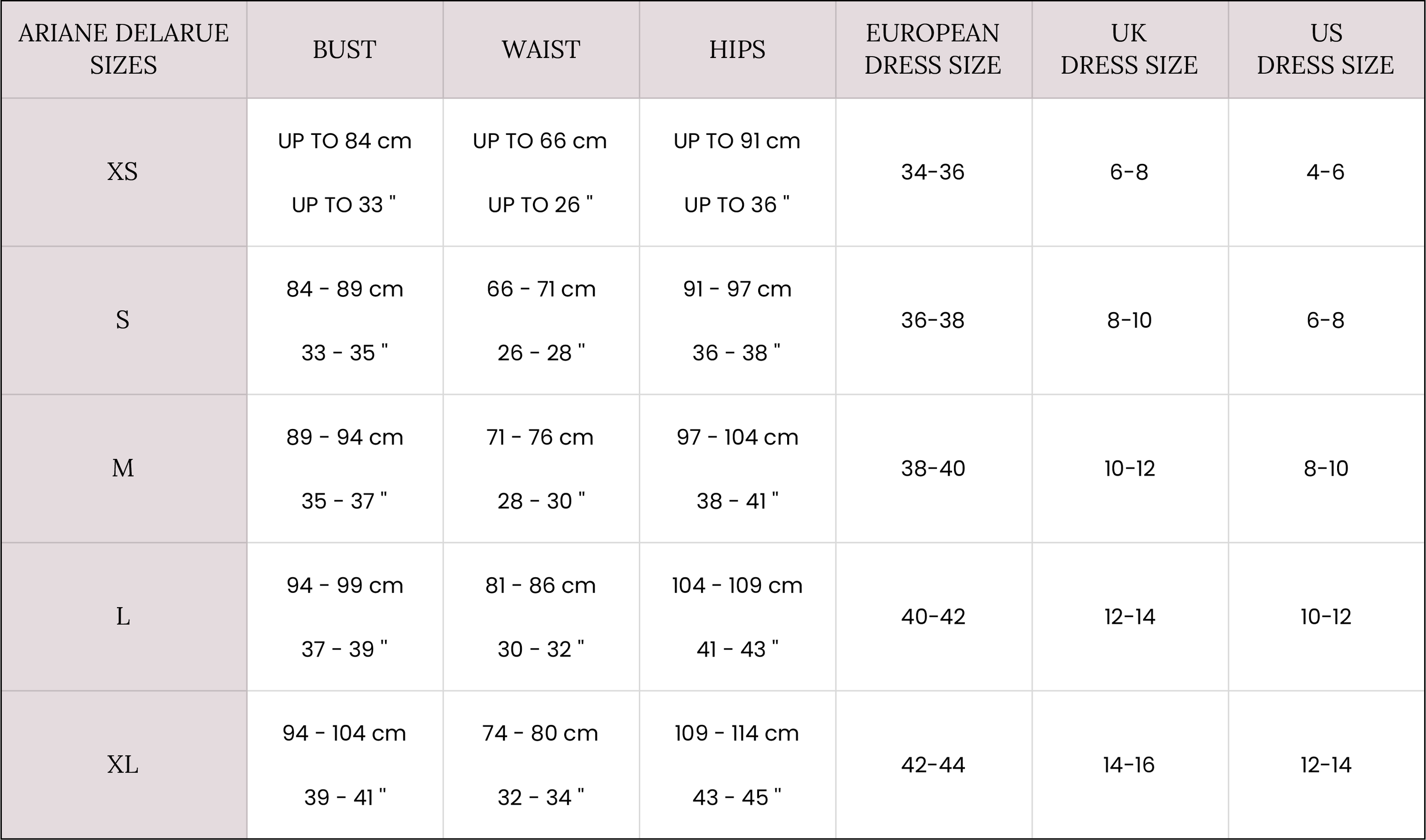 SIZING CHART – Ariane Delarue Lingerie